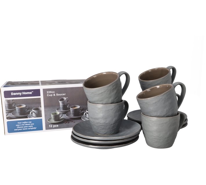 danny home Pack of 12 Ceramic (Grey, Cup and Saucer Set) | Makro