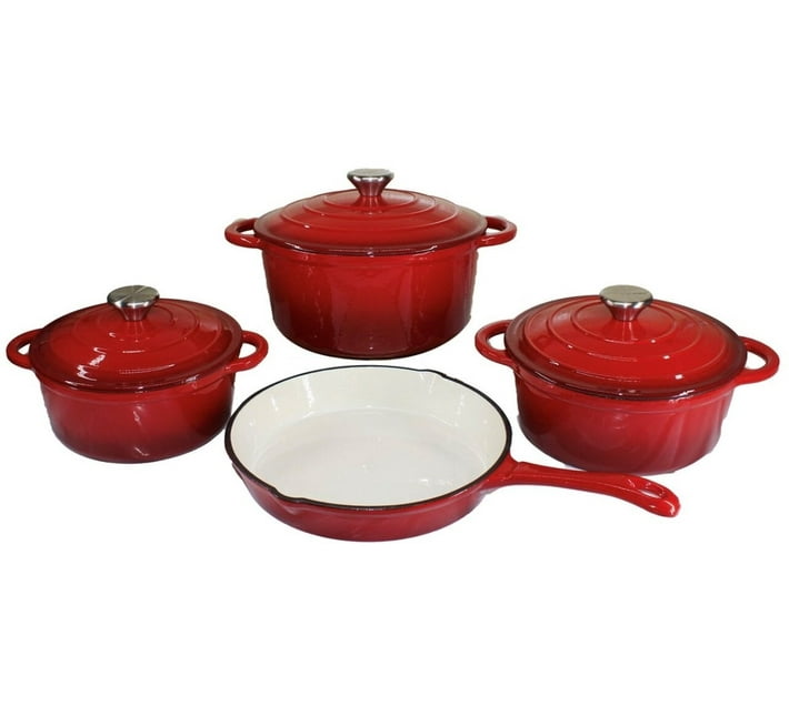 Cast Iron 7 Piece Authentic Dutch Oven Cookware Pot Set - Red Non-Stick ...
