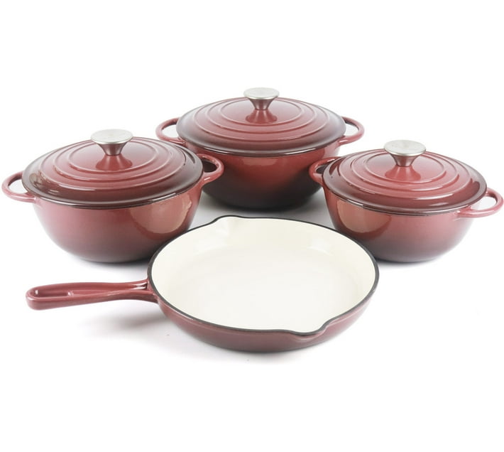 La Cocina 7 Piece Vintage Maroon Enamel Cast Iron Cookware Set (7 ...