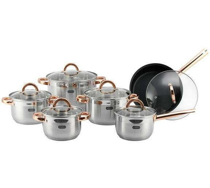SK HOME 12 Piece Silver And Gold Stainless Steel Cookware Set Stainless Steel Cookware Set (12 ...