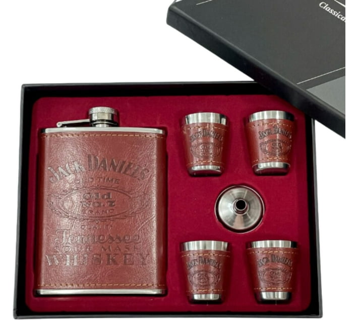 Jack Daniels F25-11-3 Bar Set Hip Flask Leather with 4 Shot Glasses ...