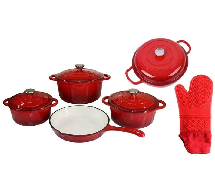 Dolfin 9 Piece Luxury Red Non-Stick Coated Cast Iron Cookware Set (9 ...