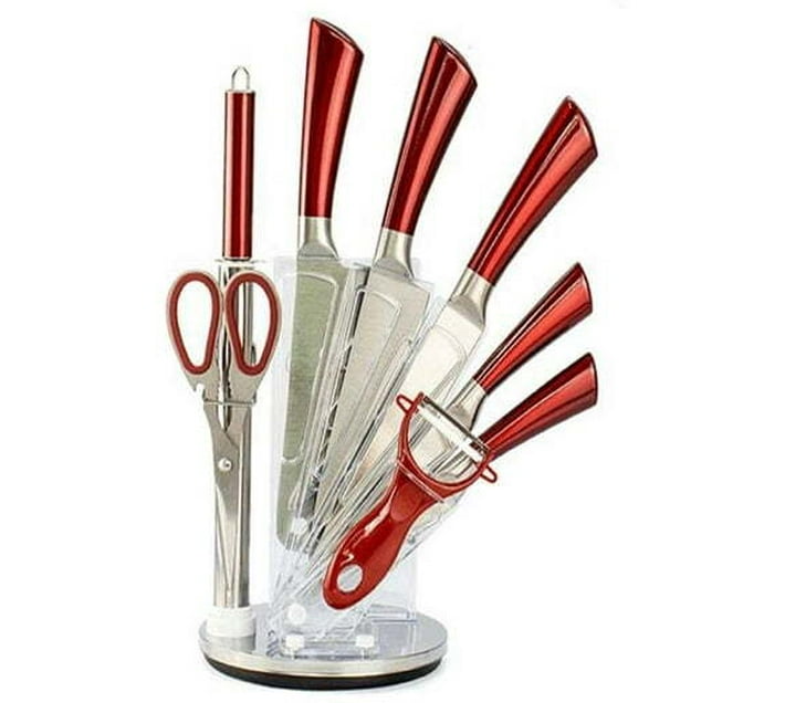NA stainless steel kitchen knife, scissors & acrylic stand set red ...