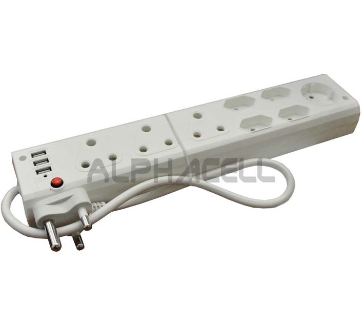 Alphacell Multiplug - 8 way with 3xUSB +overload Power Plug (White) | Makro