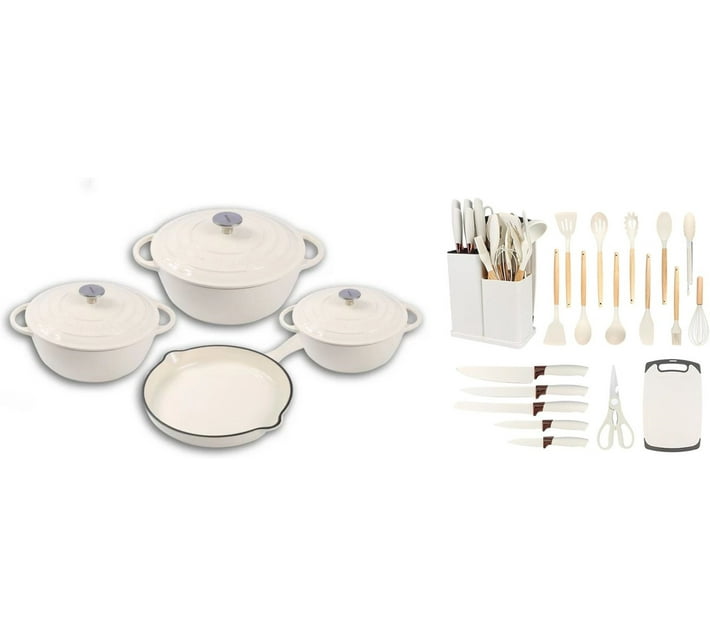 Buy LA Signature White Non-Stick Coated Cast Iron Cookware Set (27 ...