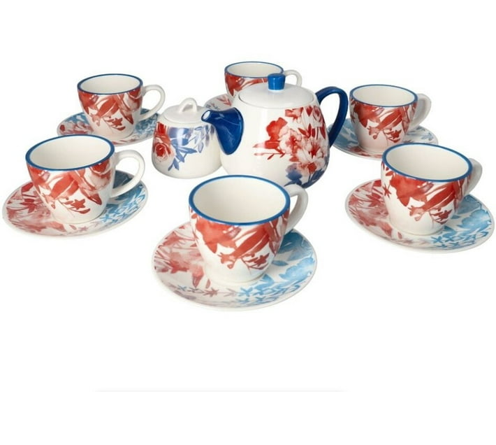 Tea Pot, SugarPot, Cups & Saucer Pack of 16 Ceramic (Red, Blue, White ...