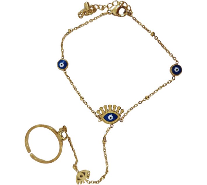 royal Golden Evil Eye Protection Hand Chain Stainless Steel Ring ...