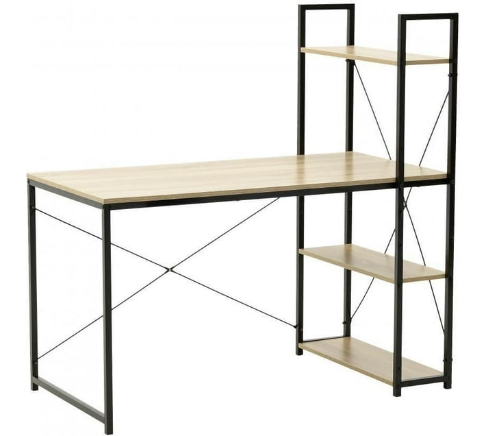 Dot Furn Modern Office Desk with 3-Tier Shelves -Light Wood Top,Metal ...
