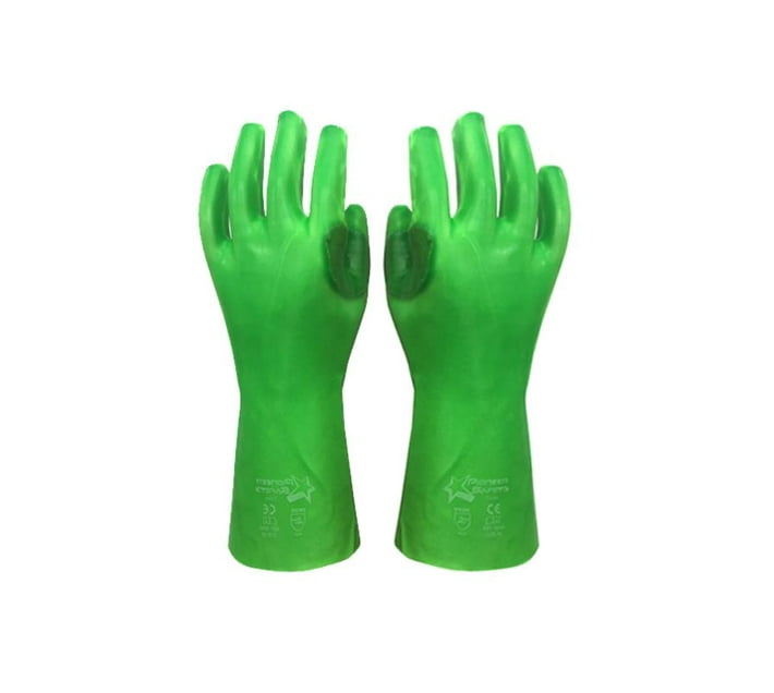 PIONEER SAFETY Gloves PVC Reinforced High Visibility Green Elbow 35cm ...