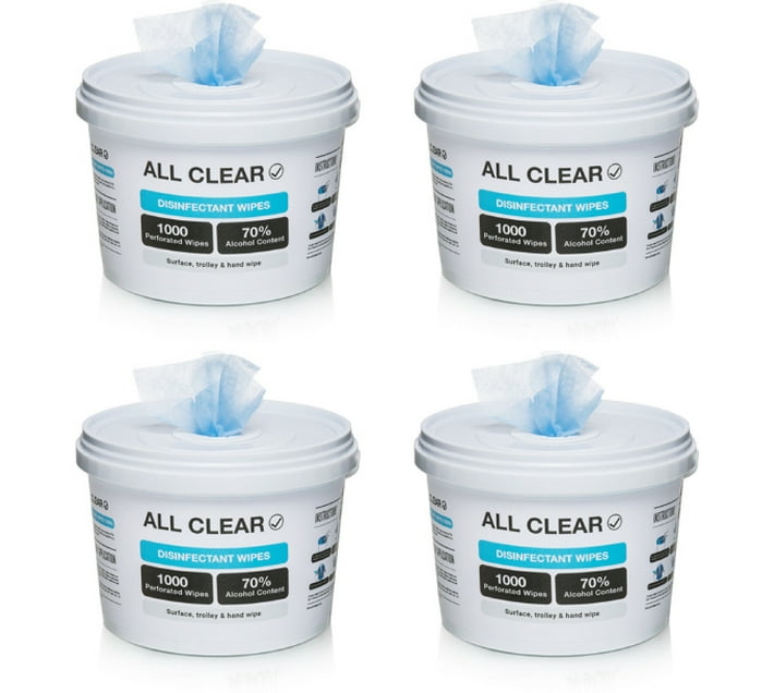 All Clear 1000 Disinfectant Wipes Bucket 70% Alcohol - Pack Of 4 Wipes ...