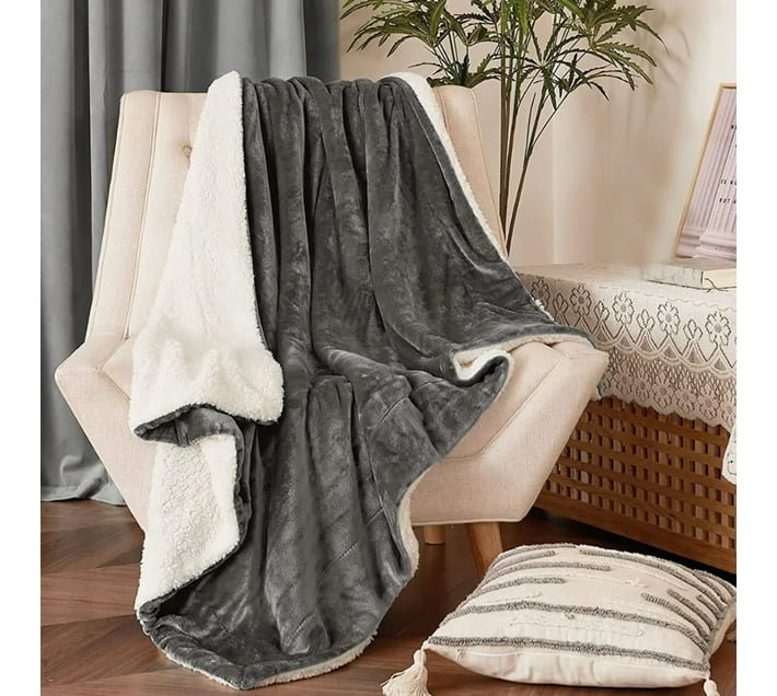 SMTE Solid Double Sherpa Blanket for Mild Winter (Polyester, Grey) | Makro