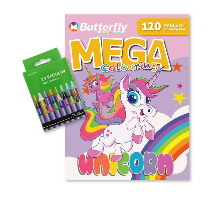Buy Butterfly Unicorn Mega Colouring Book with Crayons Colours & Shapes ...