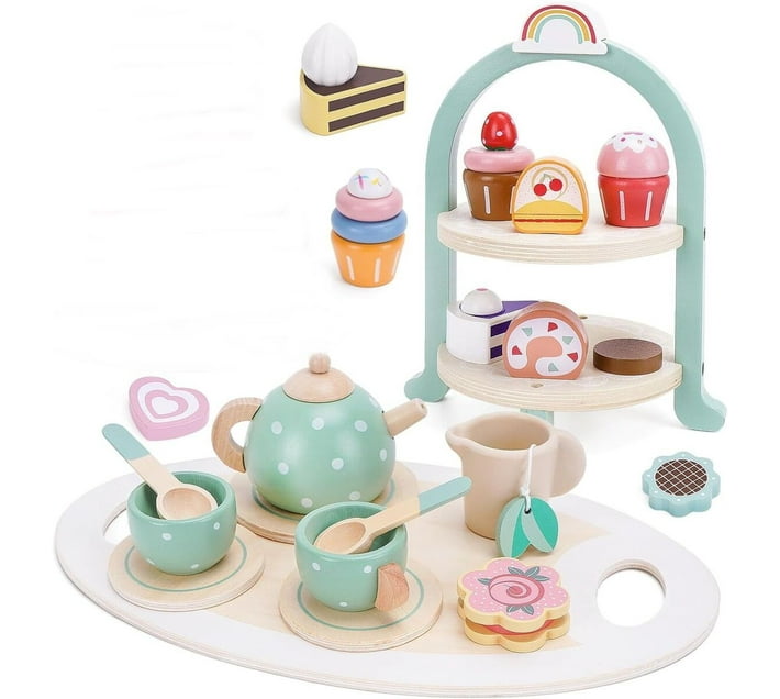Embellished Kids Wooden Tea Party Set with Cupcake Stand Role Play Toy ...