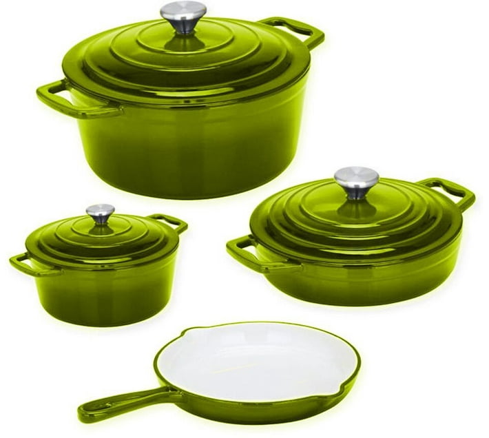 Online Oasis Dolphin 7 Piece Cast Iron Cookware Set - Green Pot with ...