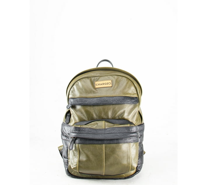 CHARGEO™ Centurion Leather Backpack Waterproof Backpack (Green, Black ...