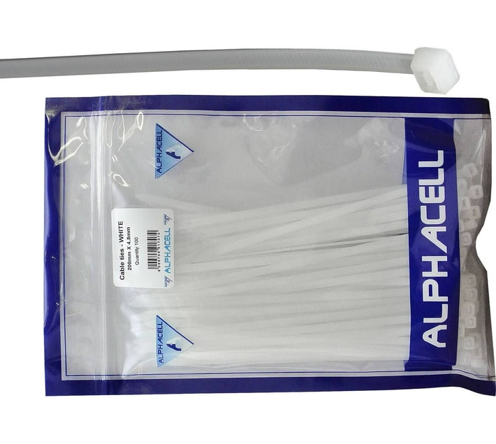 Alphacell Cable tie - 200mmx4.8mm white (qty100) Plastic Standard Cable ...