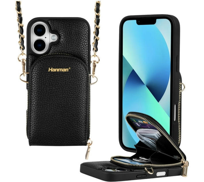 Hanman Backpack Leather Wallet Cover for iPhone 16 - Black Wallet Case ...