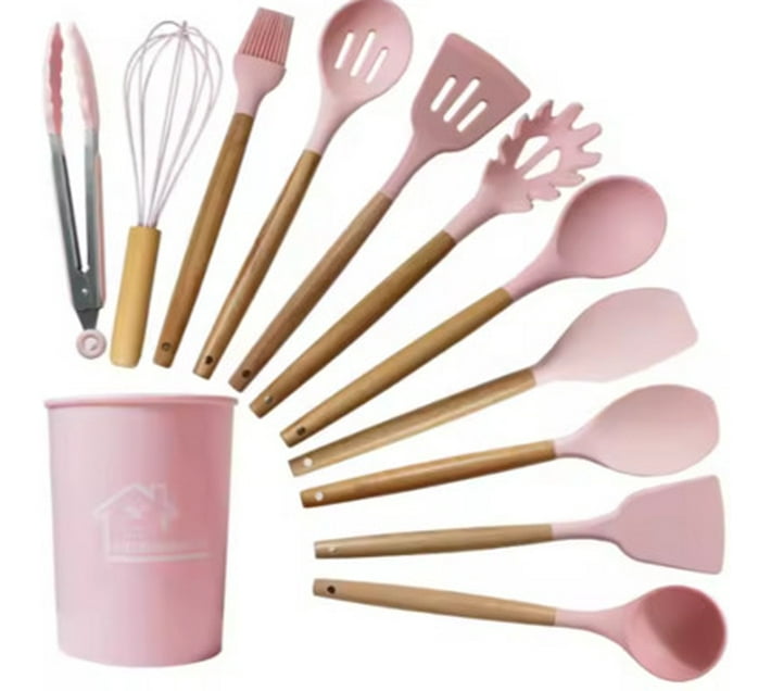 LONDZ 12 Piece Pink Kitchen Utensils Set Silicone Brush, Cooking Spoon ...