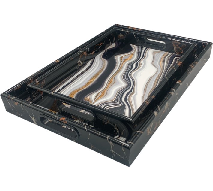 Crockery Centre Tray Set 2pc Rectangular Marble Look Modern Design Tray ...
