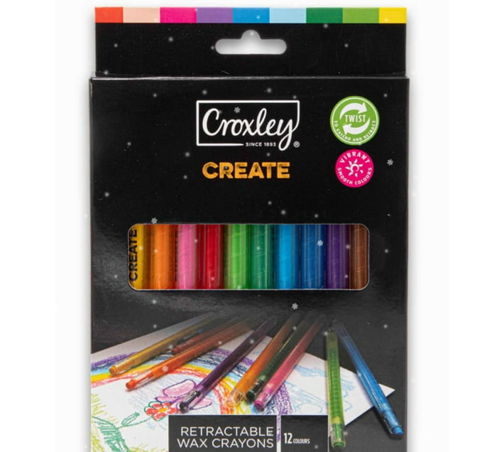 CROXLEY Retractable Wax Twist Crayons 12 Vibrant Colours Wax Crayons ...