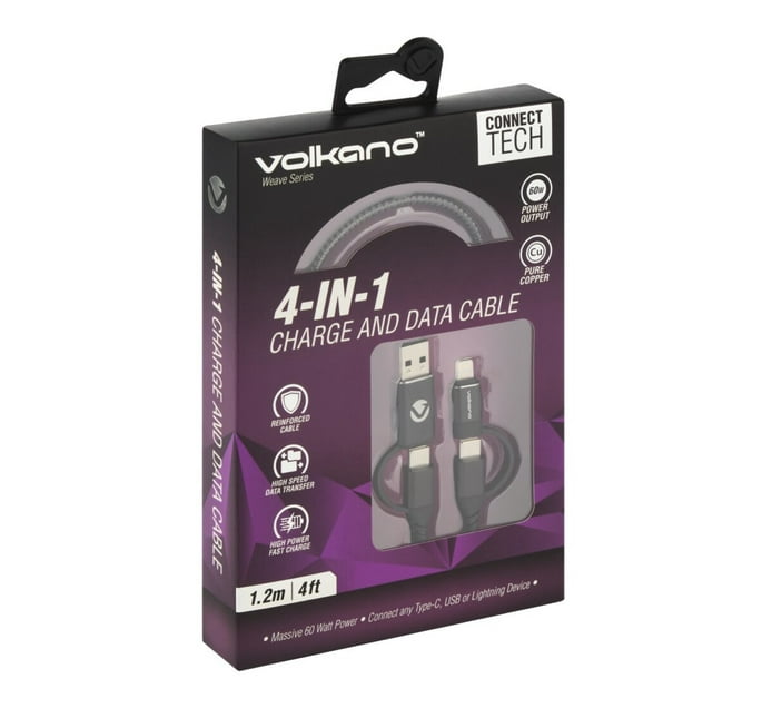 Volkano Weave Series 4-in-1 Charge & Data Cable Black vk-201 | Makro