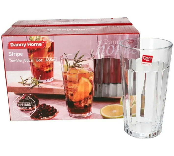 DH (Pack of 6) Stripe Highball Crystal Water/Juice Glass Set (455 ml ...
