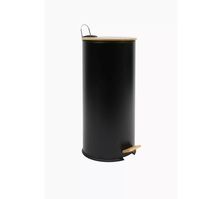 Buy yemi Metal And Bamboo Round Step Dustbin, 30l Bamboo Dustbin (Black ...