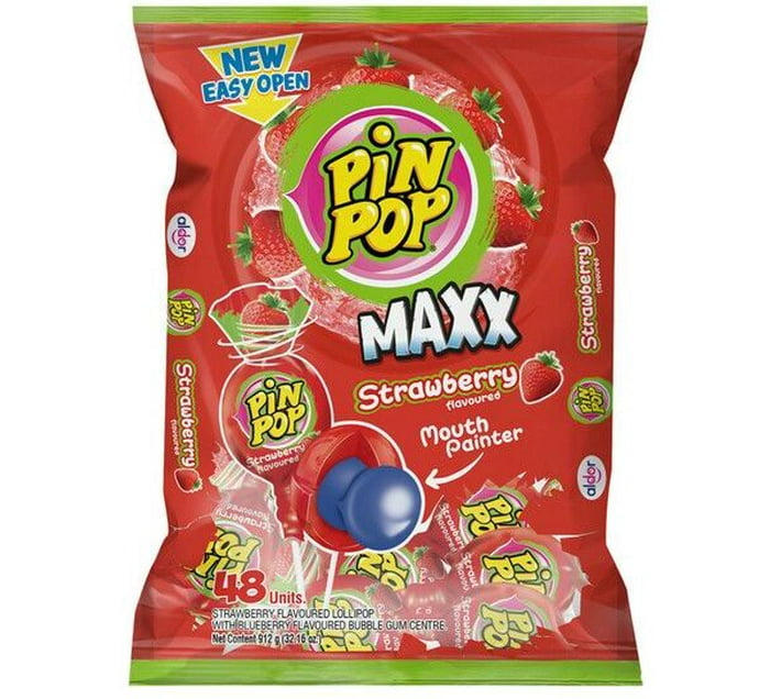 PIN POP Maxx Strawberry Flavoured Lollipop with Tutti Frutti Bubblegum ...