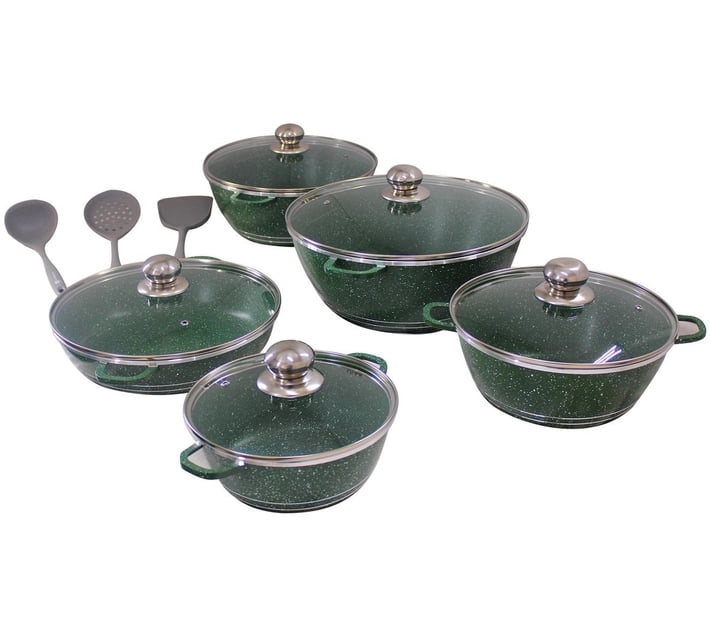 Royal Marble Coated Glass Lid Cooking Set with Utensils - Green Non ...