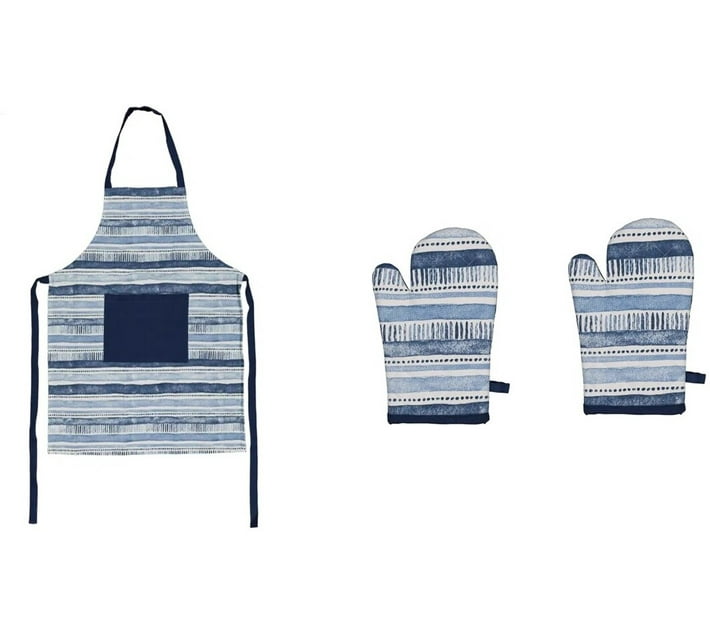Oven Glove & Apron Set Blue Polyester Kitchen Linen Set (Pack of 3) | Makro