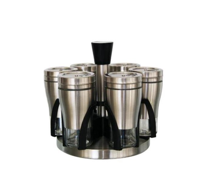 Someone’s in a Makro 7 Piece Broad Glass Spice Jars in Stainless Steel ...