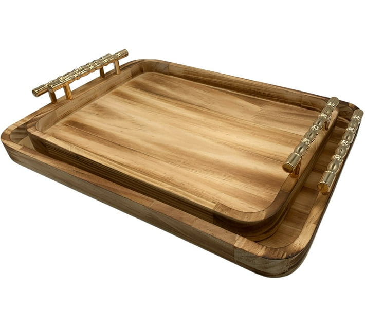 Buy Crockery Centre Tray 2Pc Wooden Smoke Bordered Rectangle Tray (Pack ...
