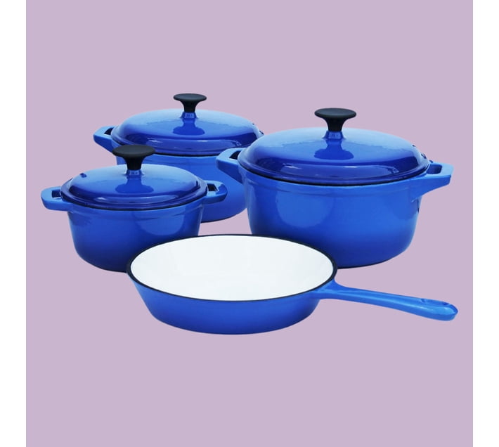 Buy SMTE Royal Blue Cast Iron Pot Set - Set of 4 Non-Stick Coated Cast ...