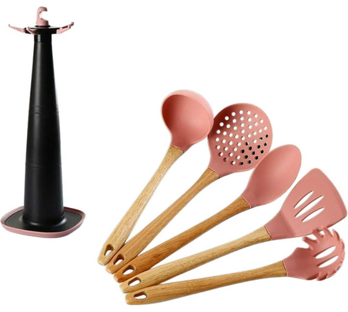 ‎jinrun Utensil Set with Wooden Hand and Turner Utensil Rack Silicone ...