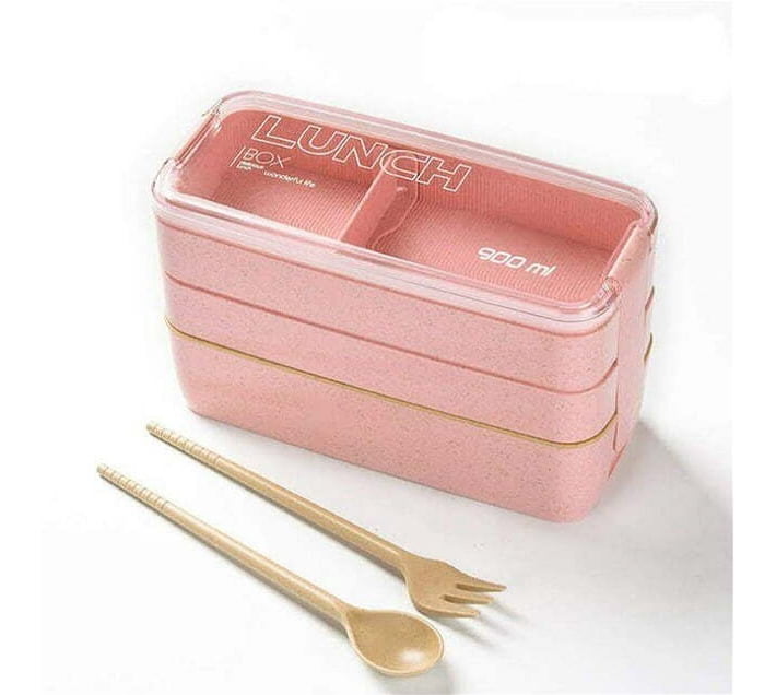 NA 900ml Eco-Friendly 3-Layer Microwavable Lunchbox with Cutlery-Pink 3 ...
